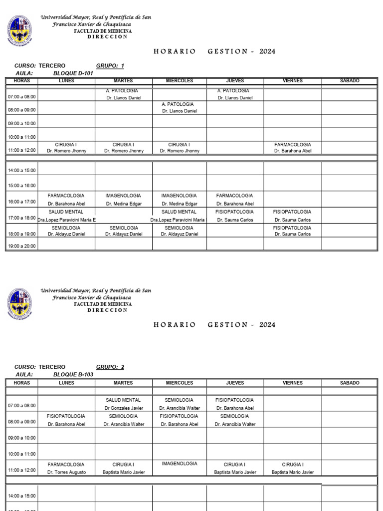 Horarios 3ro Medicina 2024 | PDF
