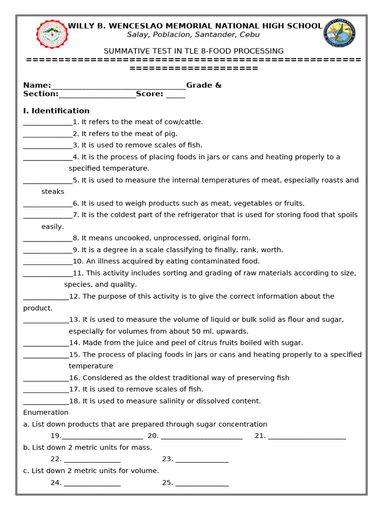 Summative - TLE 8-FOOD Processing | PDF | Meat | Foods
