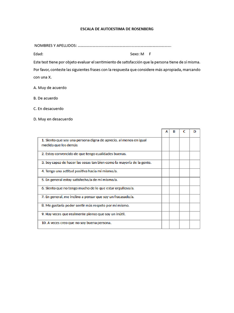 Test de Autoestima de Rosenberg | PDF