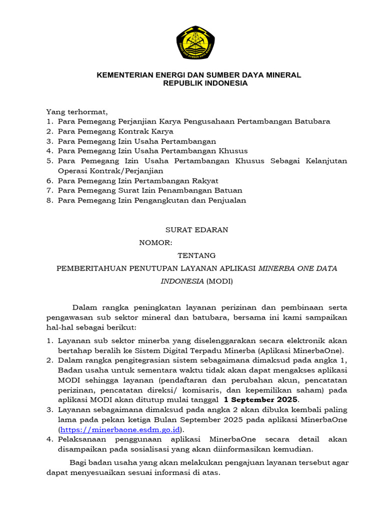 Surat Edaran Dirjen Minerba No 1 E MB 01 DJB S 2025 1756548572 | PDF
