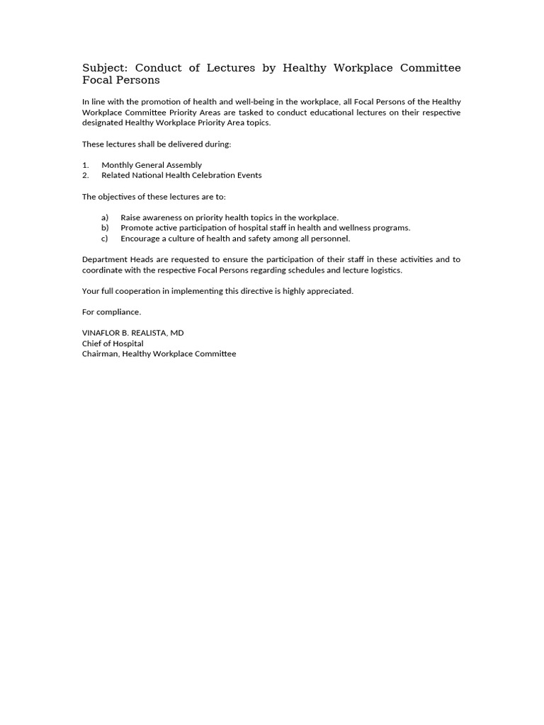 Conduct of Lectures by Healthy Workplace Committee Focal Persons | PDF