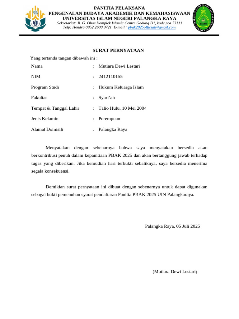 Surat Pernyataan Panitia Pbak 2025 | PDF