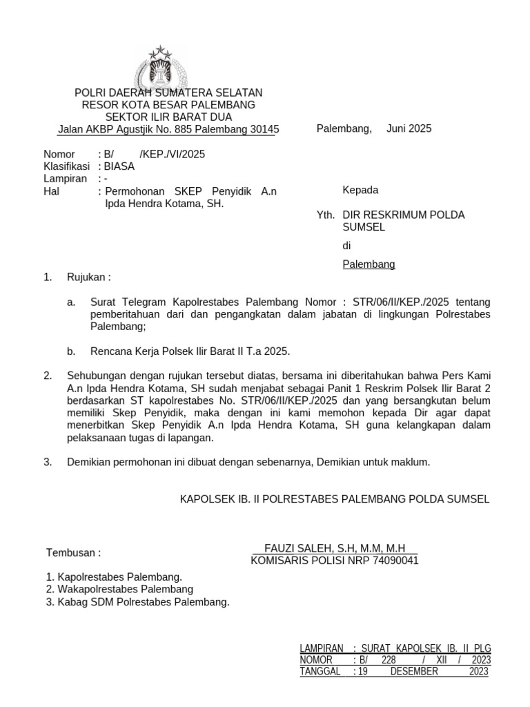 Permohonan Skep Penyidik Polsek Palembang | PDF