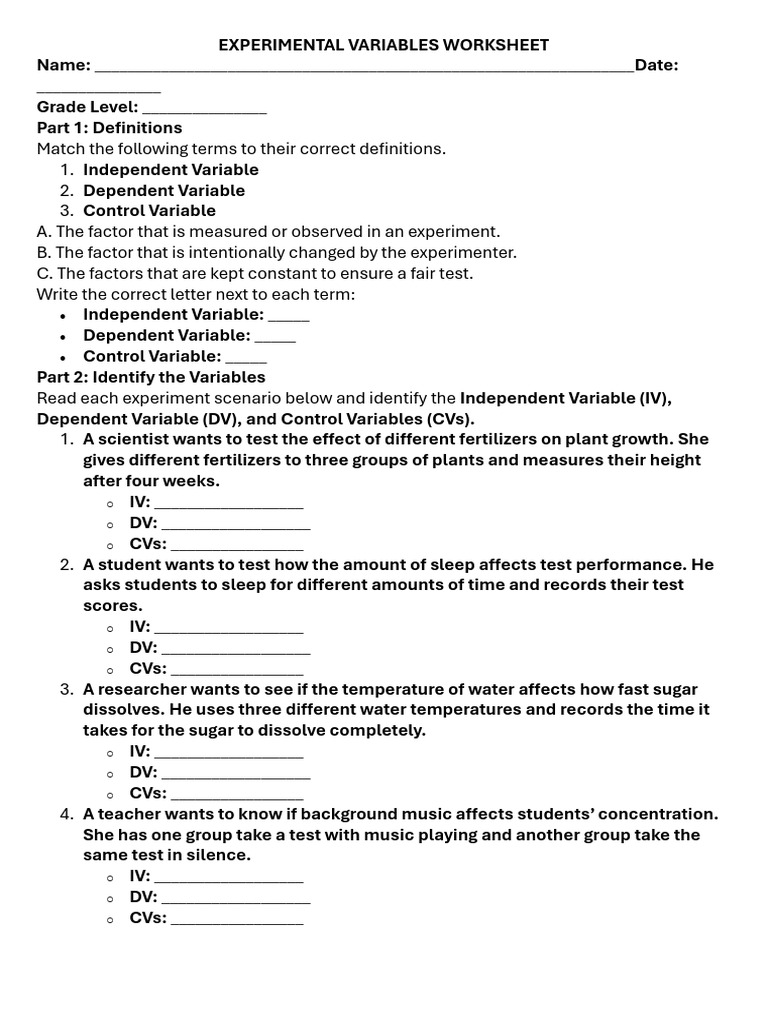 Experimental Variables Worksheet | PDF | Experiment | Water