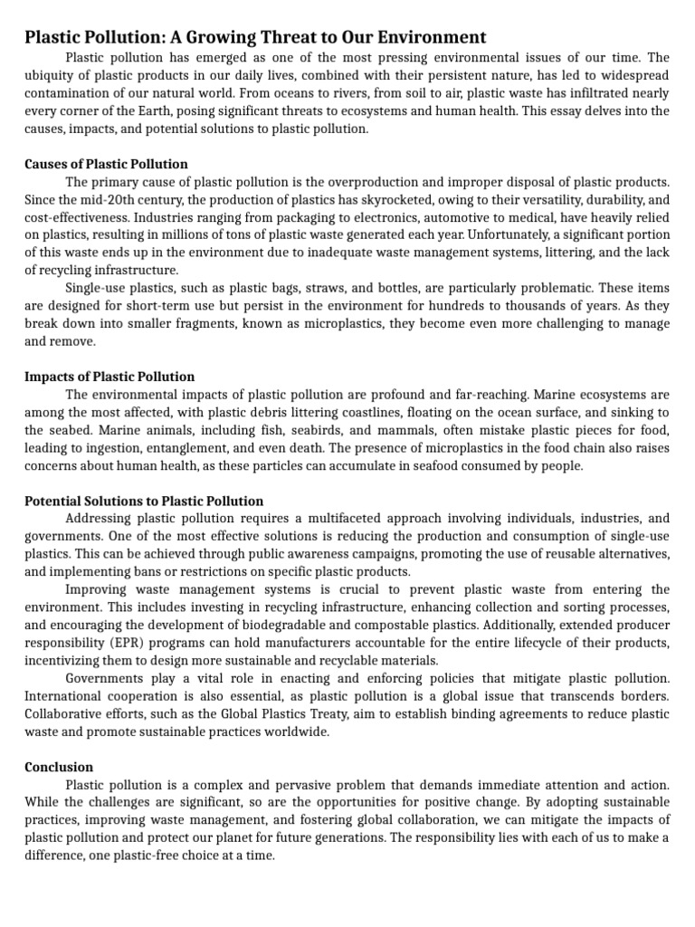 Plastic Pollution Essay | PDF | Plastic | Pollution