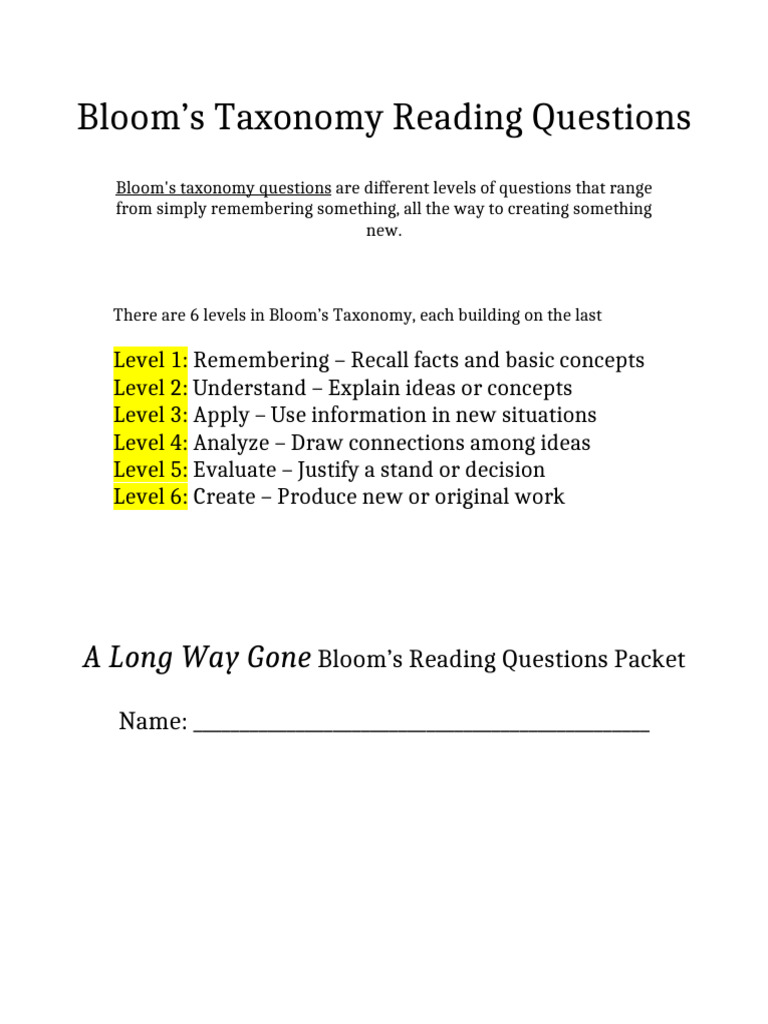 Bloom's Taxonomy Reading Questions: A Long Way Gone | PDF | Ishmael ...