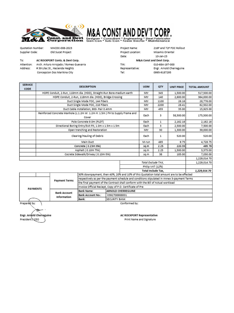 FOC Rollout Quotation for Misamis Oriental | PDF | Civil Engineering ...