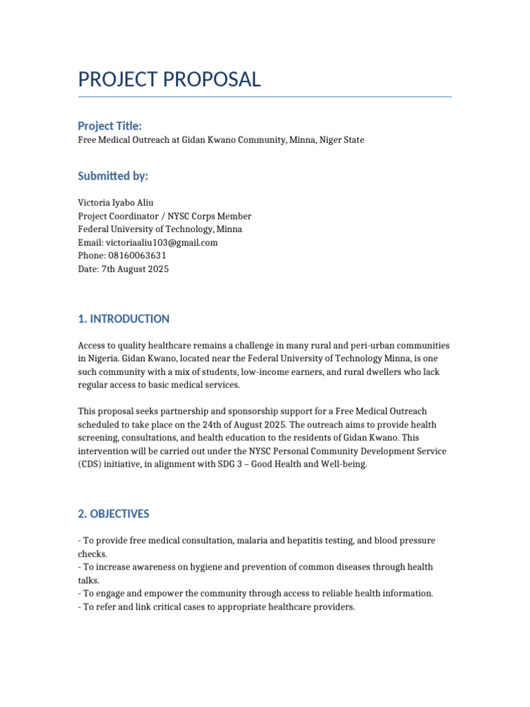 Free Medical Outreach Proposal for Gidan Kwano | PDF | Health Care