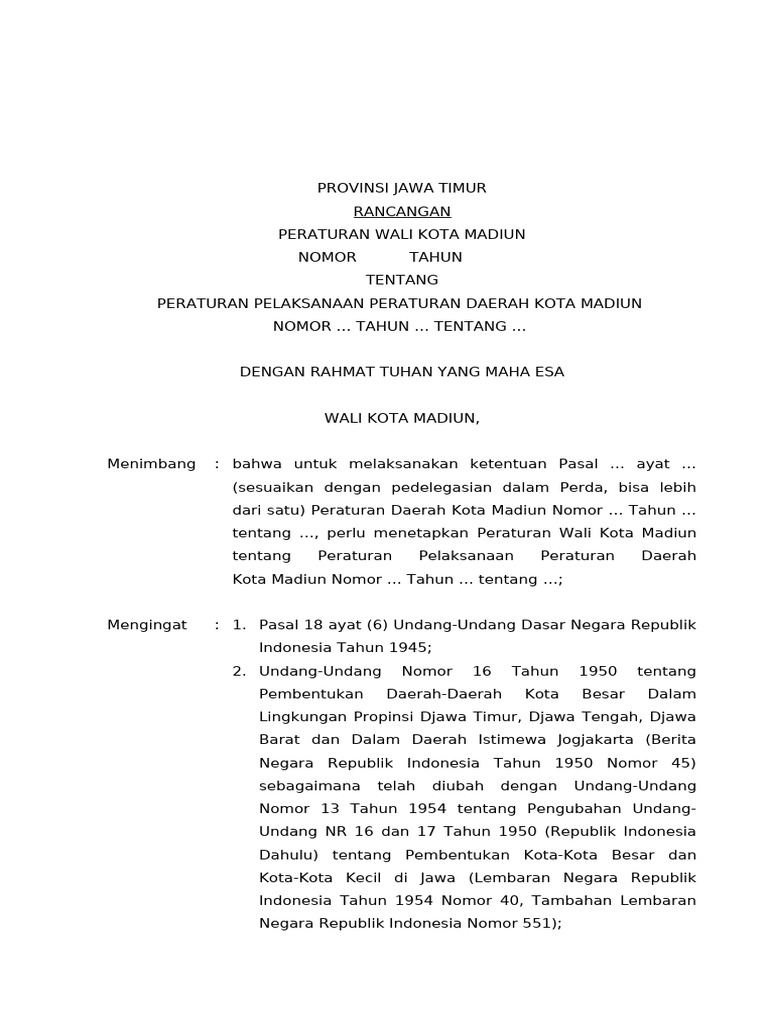 Draft Rancangan Peraturan Wali Kota - TL Perda | PDF