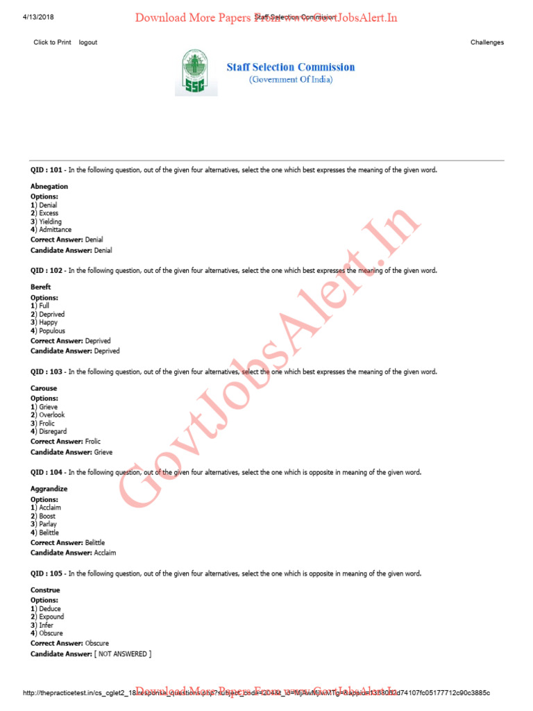 SSC Vocabulary Questions and Answers | PDF