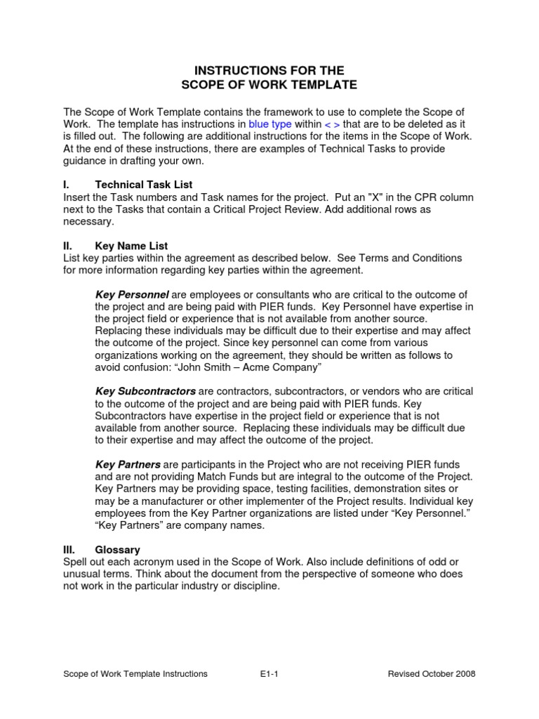 Instructions For The Scope of Work Template The Scope of | PDF ...
