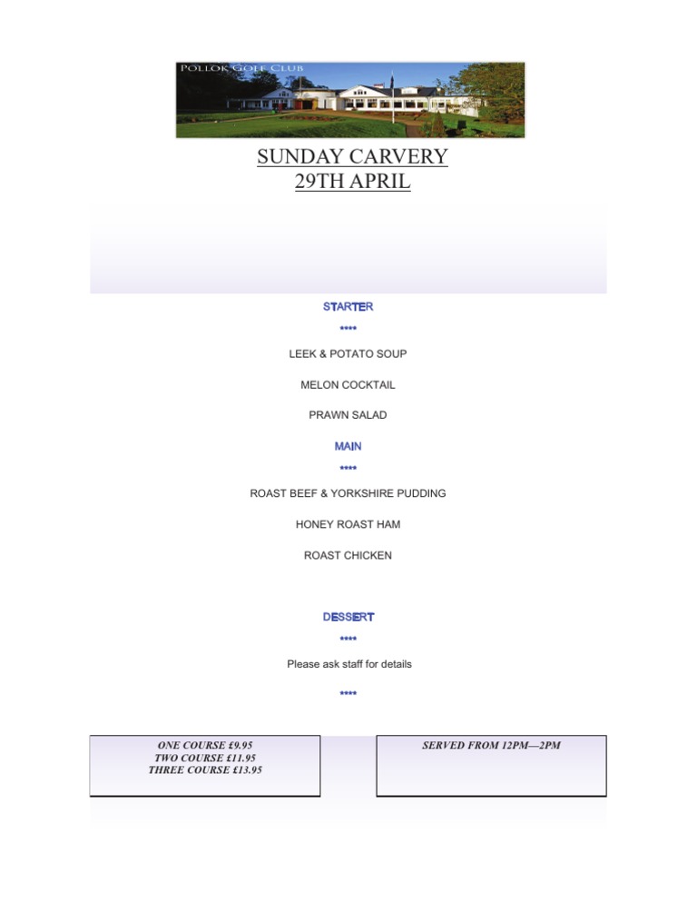 Sunday Carvery Menu - April 29th | PDF | Cooking, Food & Wine
