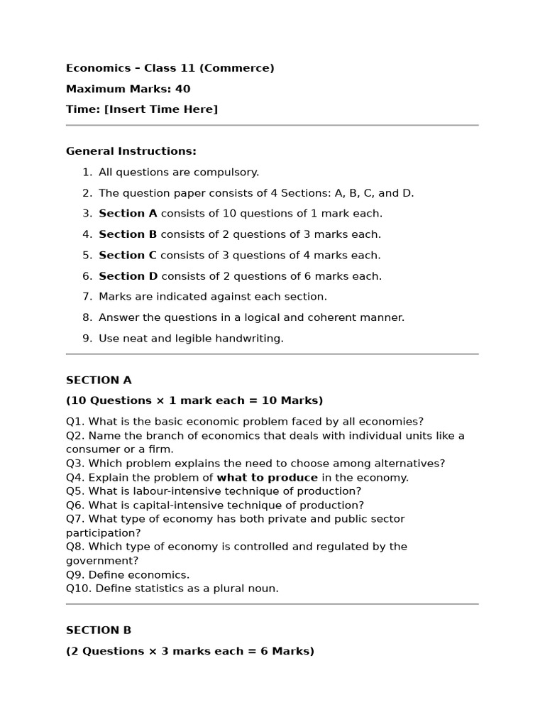 Class 11 Economics Exam Paper | PDF