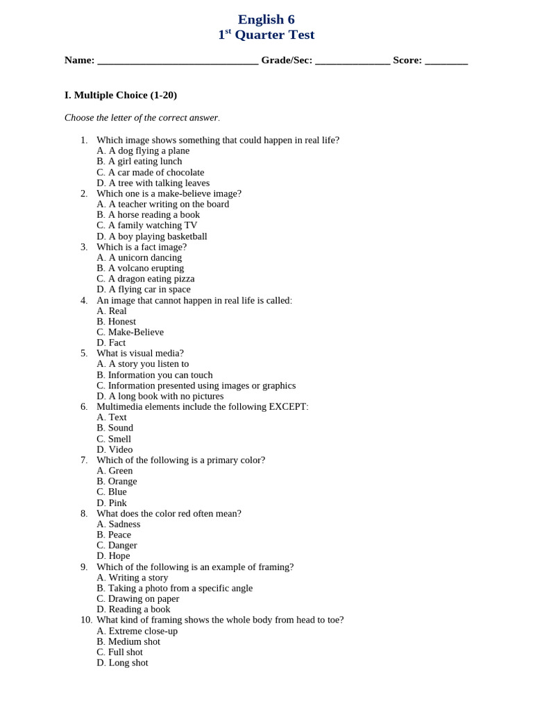 English 6 1st Quarter Test | PDF | Grammatical Tense | Verb