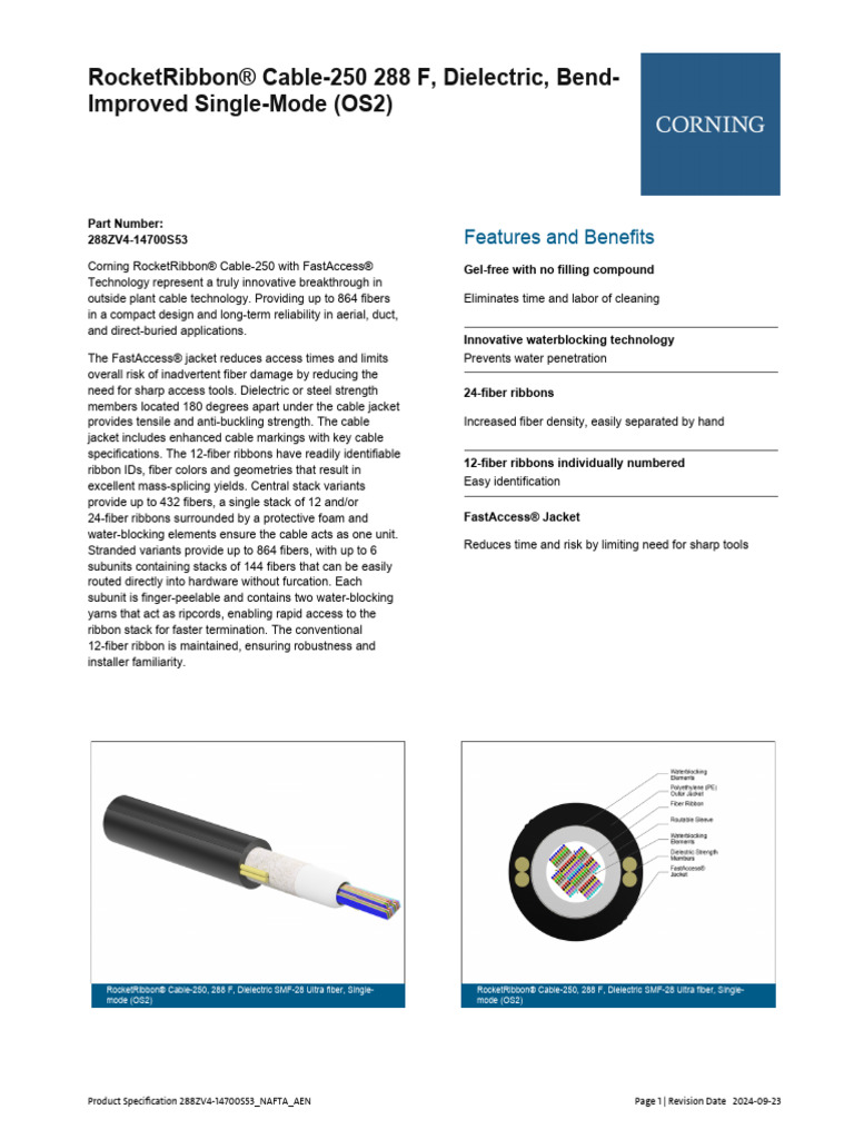 Corning RocketRibbon® 288F Cable Specs | PDF | Optical Fiber | Optics