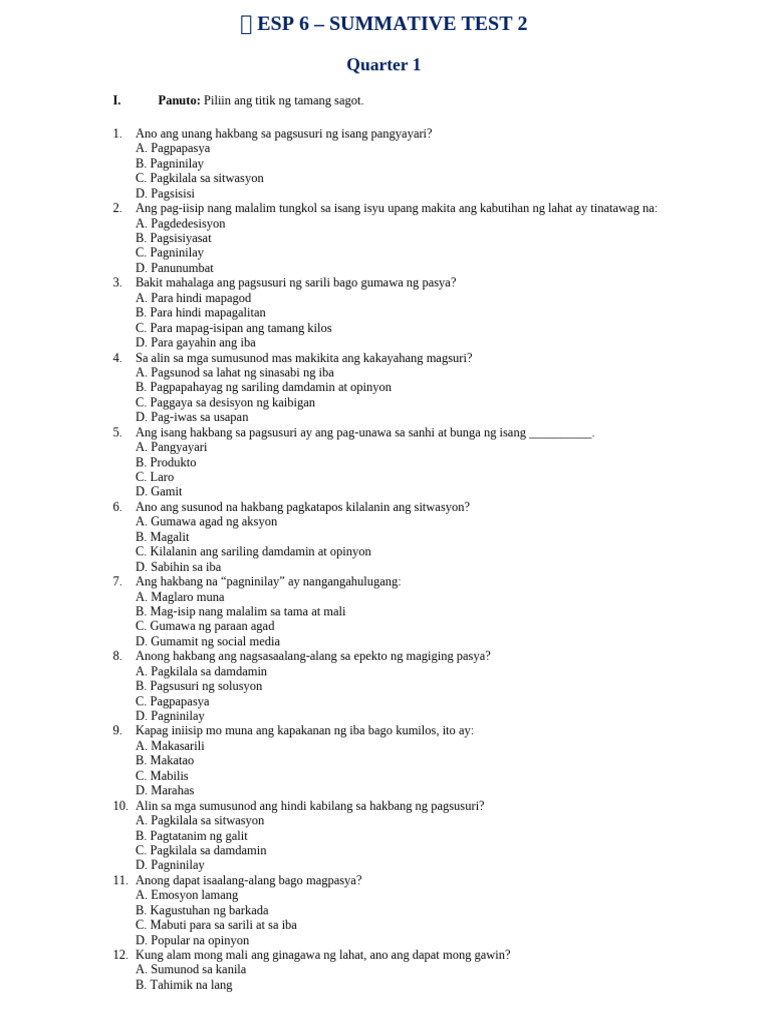 ? ESP 6 Summative Test 2 q1 | PDF