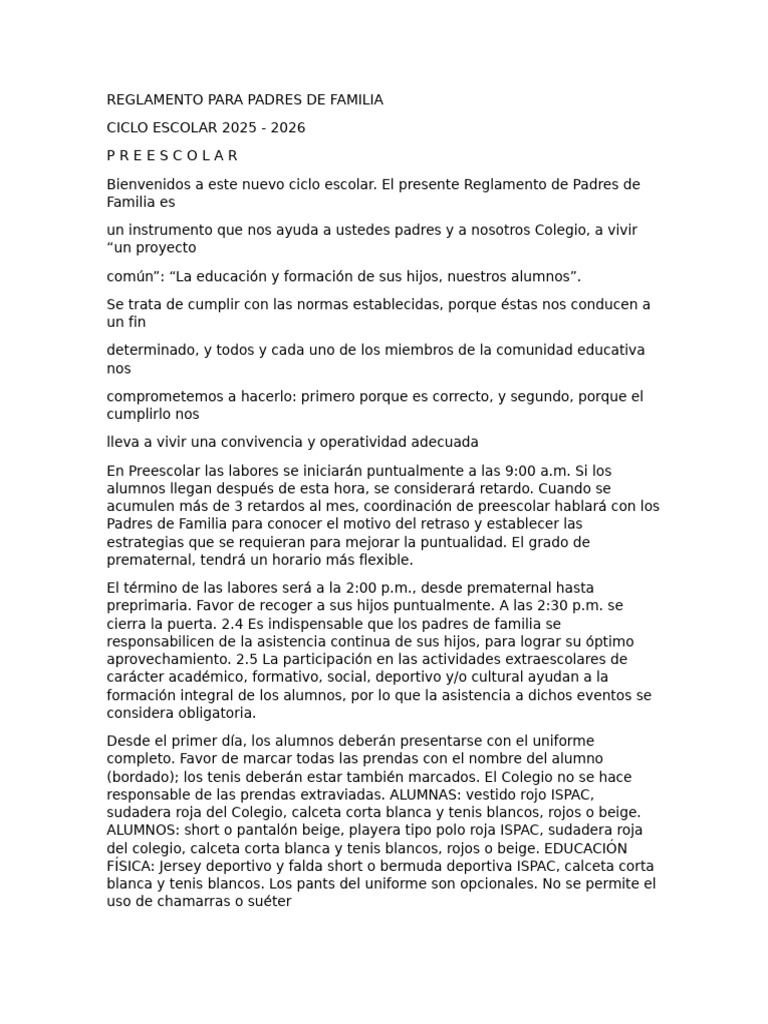 Reglamento Escolar Preescolar 2025-2026 | PDF | Escuelas | Salón de clases