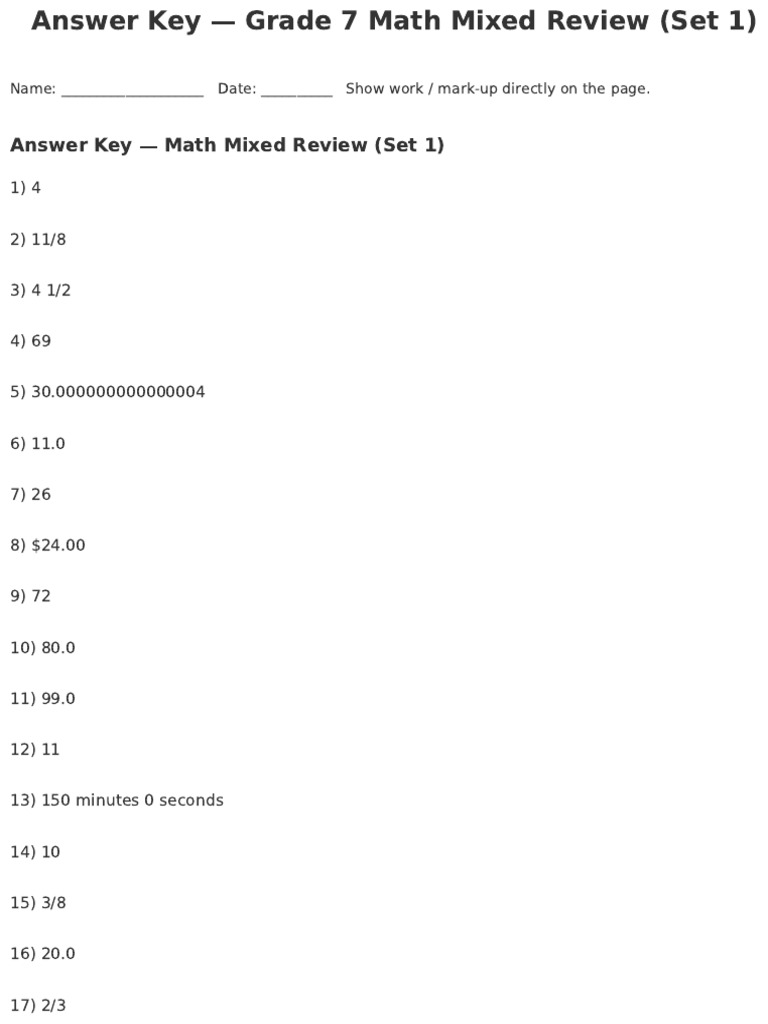 Grade7 Math Mixed Review 1 Answer Key | PDF