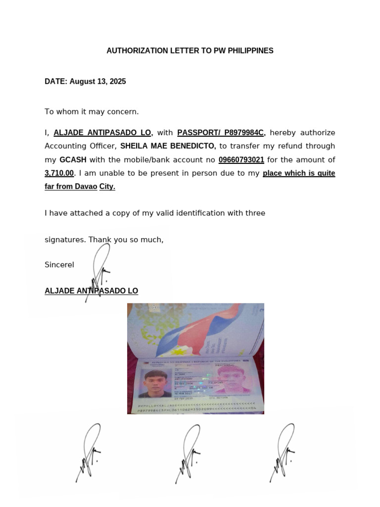 Authorization Letter to Pw Philippines Format Palceholder | PDF