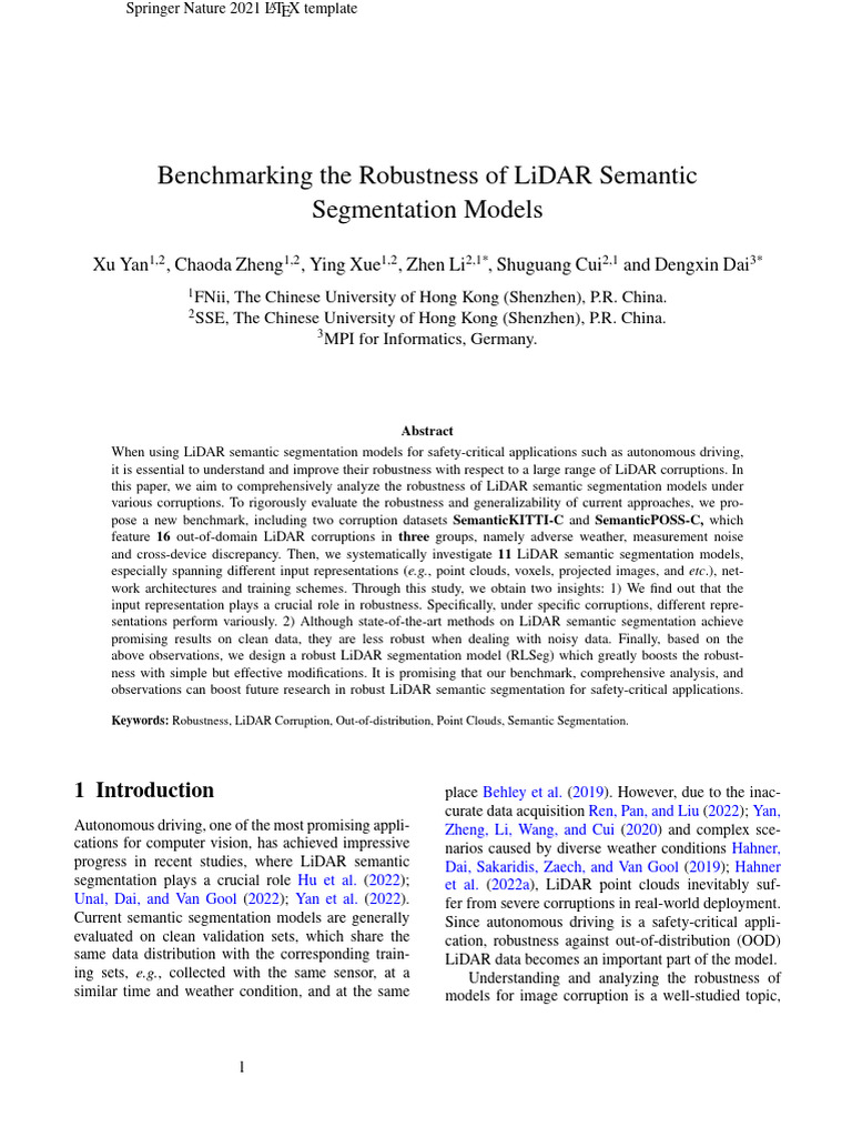 Benchmarking The Robustness of LiDAR Semantic Segmentation Models | PDF | Lidar | Image Segmentation