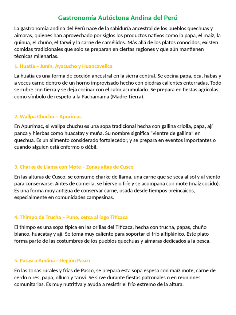 Gastronomía Autóctona Andina Del Perú | PDF