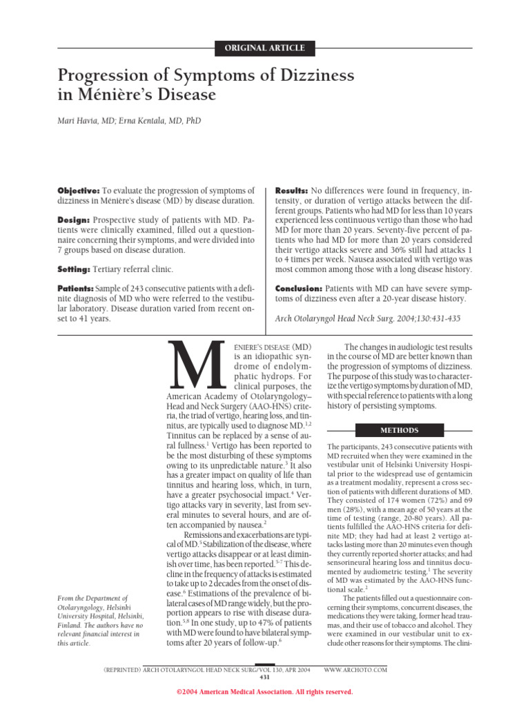 Dizziness Symptom Progression in Meniere's Disease | PDF | Ménière's ...