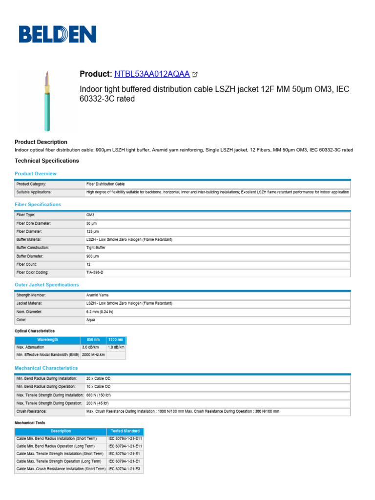 NTBL53AA012AQAA Techdata | PDF | Optical Fiber
