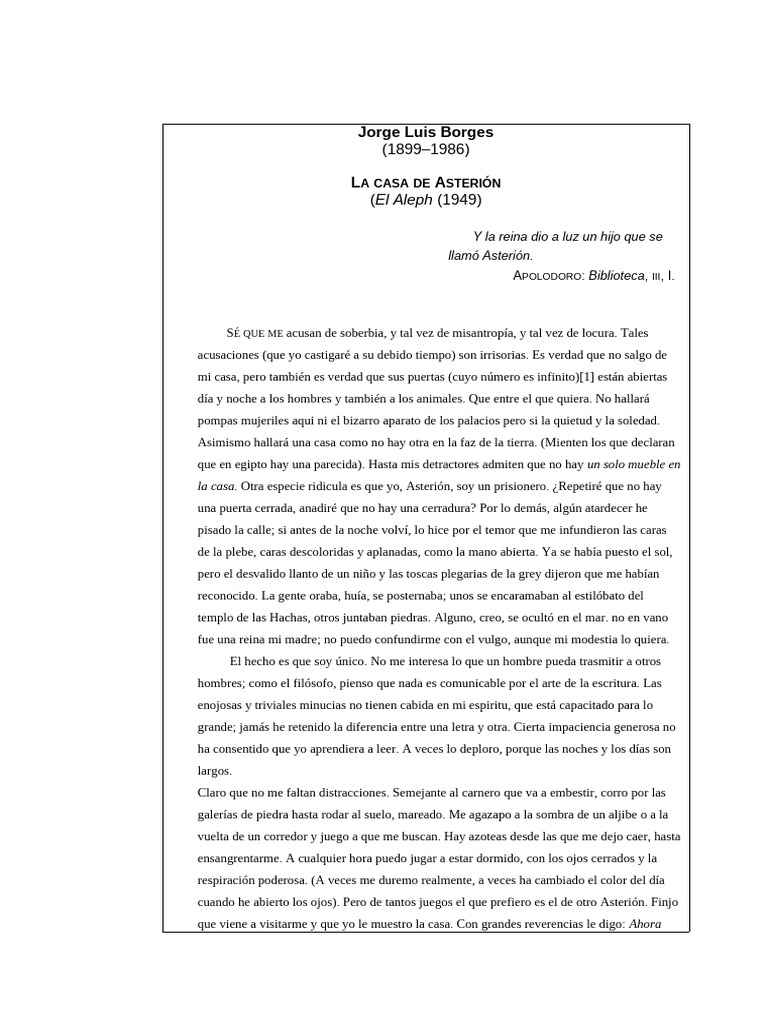 La Casa de Asterión: Un Análisis Borges | PDF | Minotauro