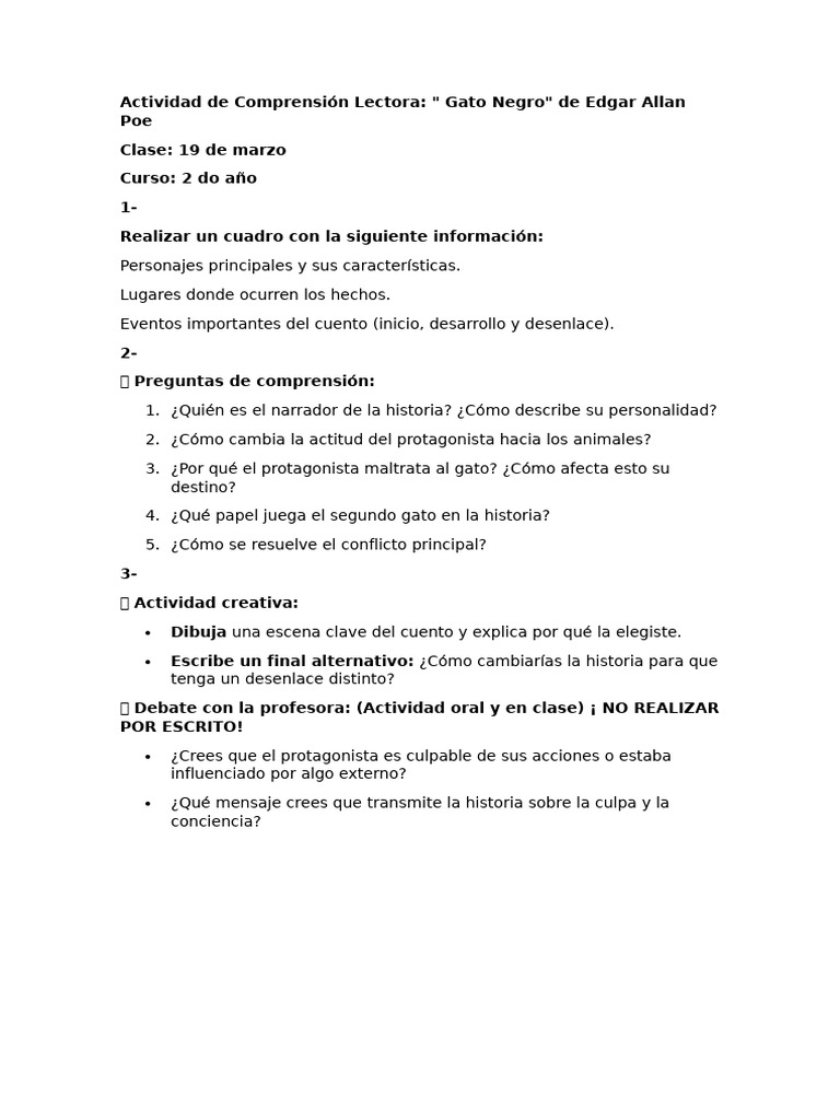 Comprensión Lectora: "Gato Negro" de Poe | PDF