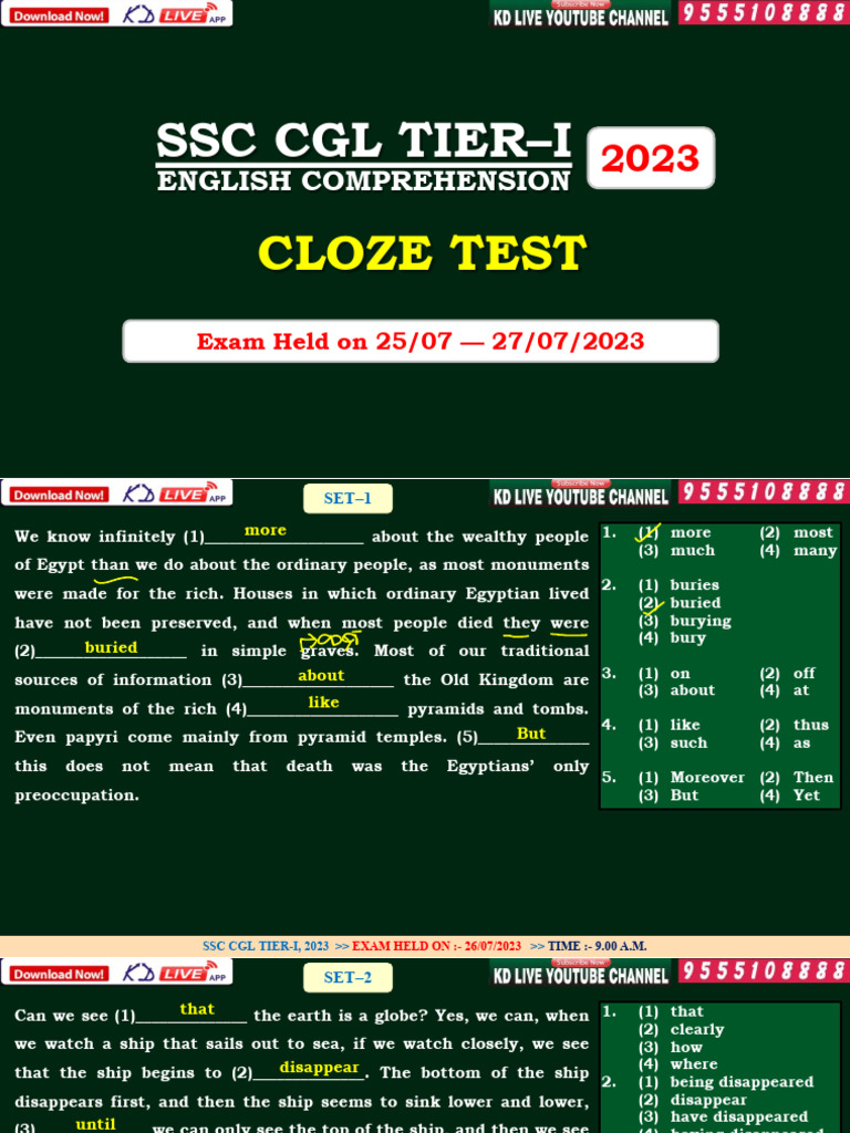 1 SSC CGL (Tier-I), 2023 Cloze Test Part2 (Set 1-9) | PDF | Civil Service