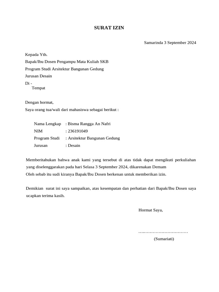 Surat Izin Tidak Masuk Kuliah Arsitektur | PDF
