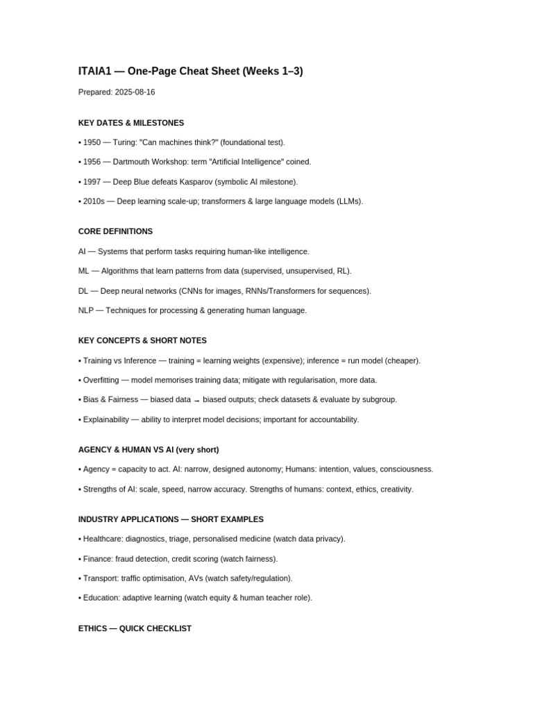 AI Overview Cheat Sheet: Key Concepts & Dates | PDF