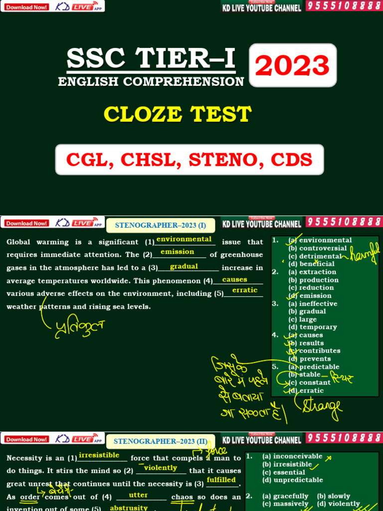 3 Ssc 2023 Tier -1 (Stenographer, Cpo, ) Cloze Test | PDF | Tiger ...