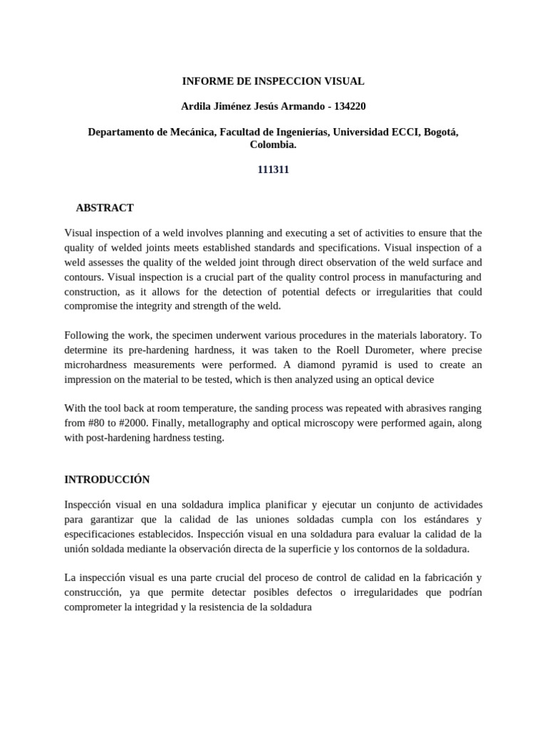 Informe de Inspeccion Visual | PDF | Acero | Tratamiento a base de calor