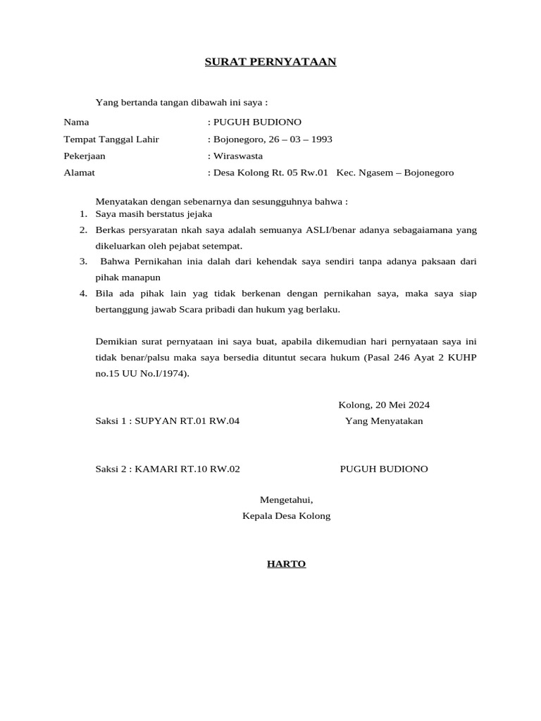 Surat Pernyataan Jejaka | PDF