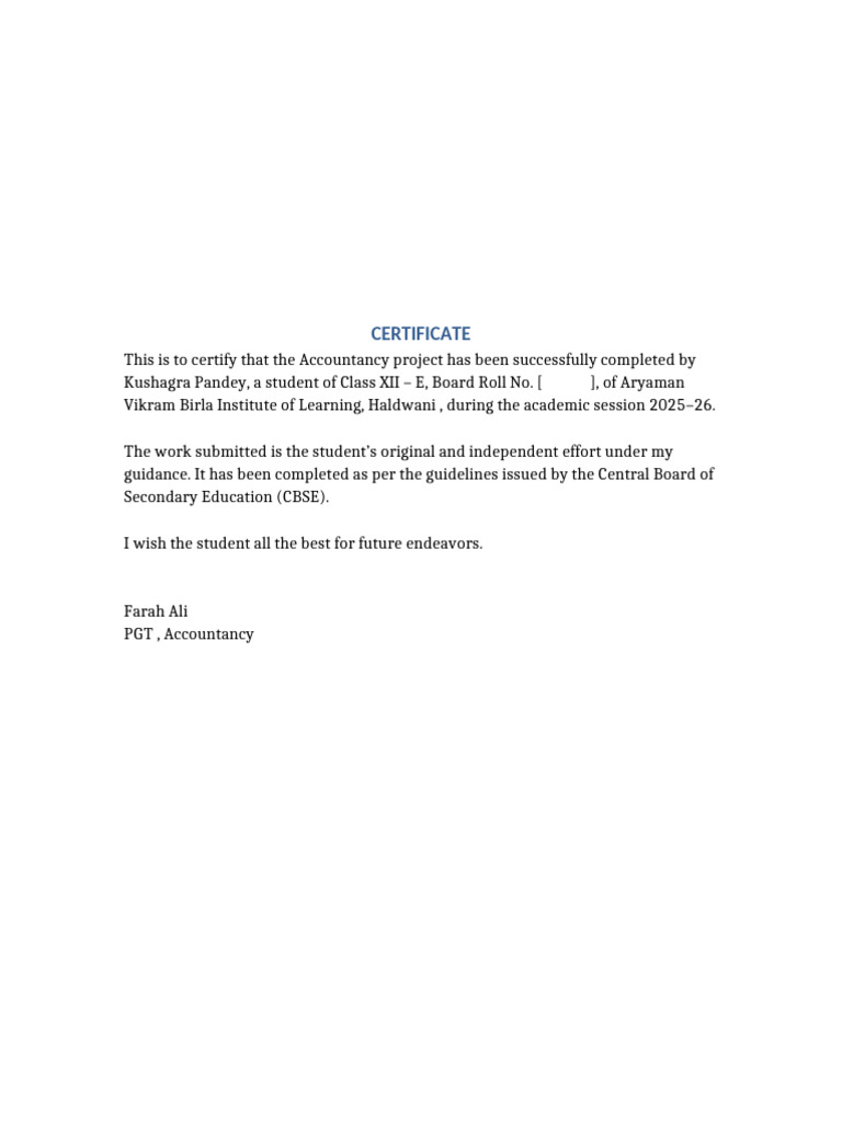 Class 12 BST Project Certificate (1) | PDF