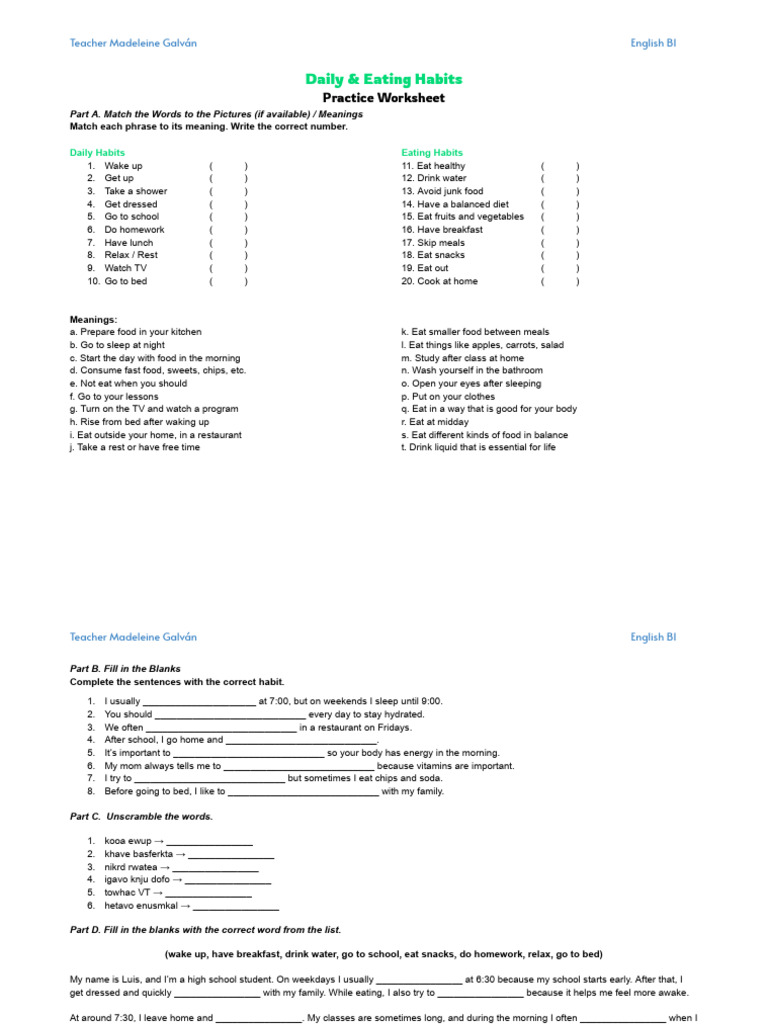 Daily Habits and Eating Habits b1 - Vocabulary Exercise | PDF | Cuisine ...
