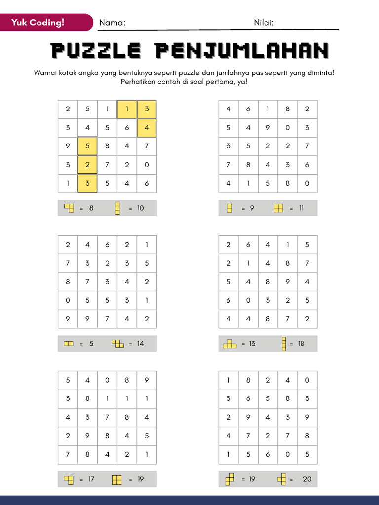 Puzzle Penjumlahan Yuk Coding Lembar Kerja Siswa Biru Dan Kuning Sederhana | PDF