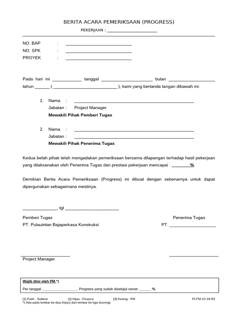 FM-10-19-R2 - Form Berita Acara Pekerjaan (BAP) Progress Subkon | PDF