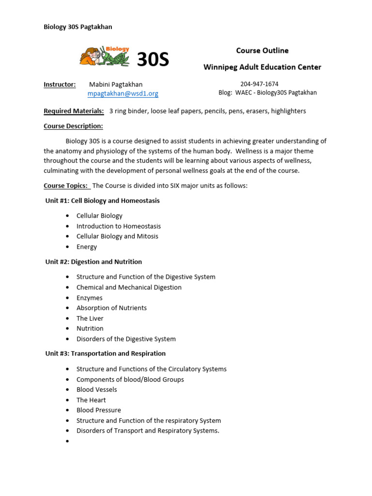 Biology 30S Course Overview | PDF | Homeostasis | Biology