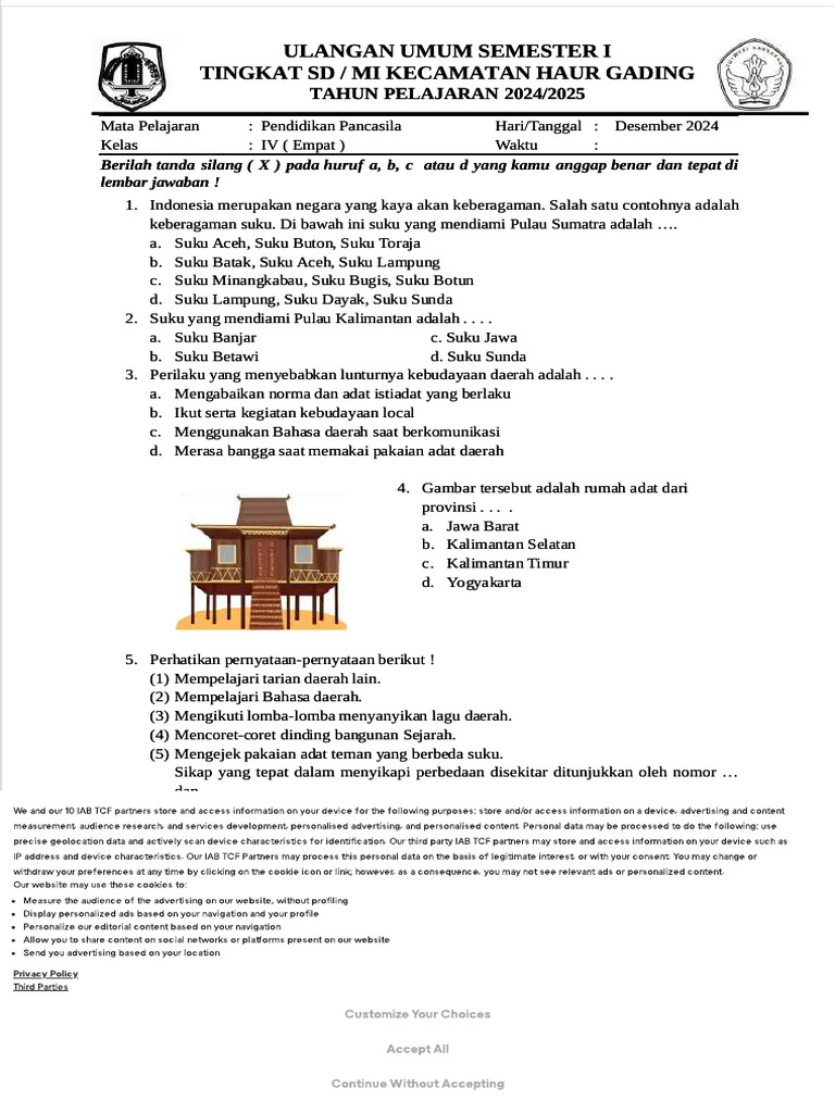 Ulangan Umum Pancasila SD Haur Gading | PDF