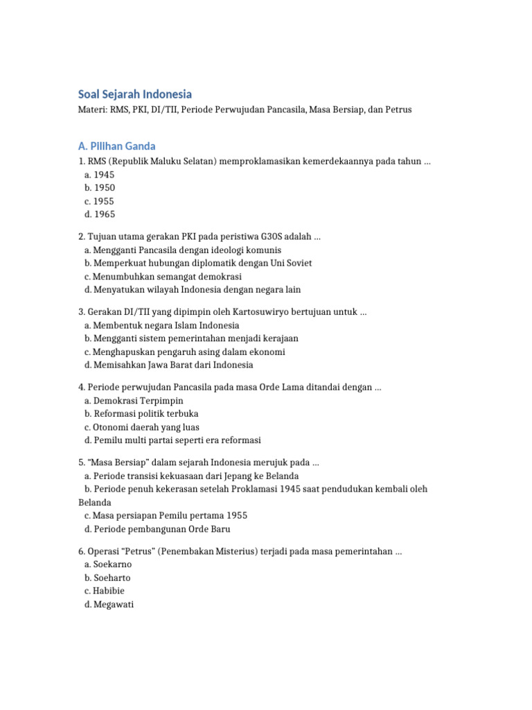 Soal Sejarah Indonesia: RMS, PKI, DI/TII | PDF
