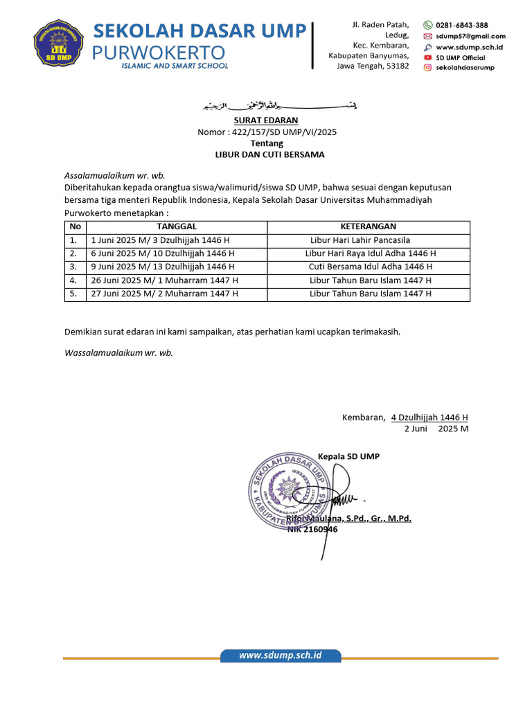 Surat Edaran Hari Libur | PDF
