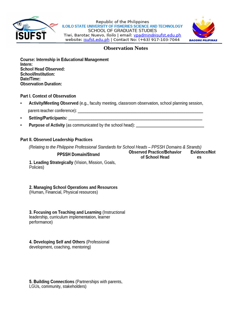 Internship Observation in Educational Leadership | PDF | Leadership ...