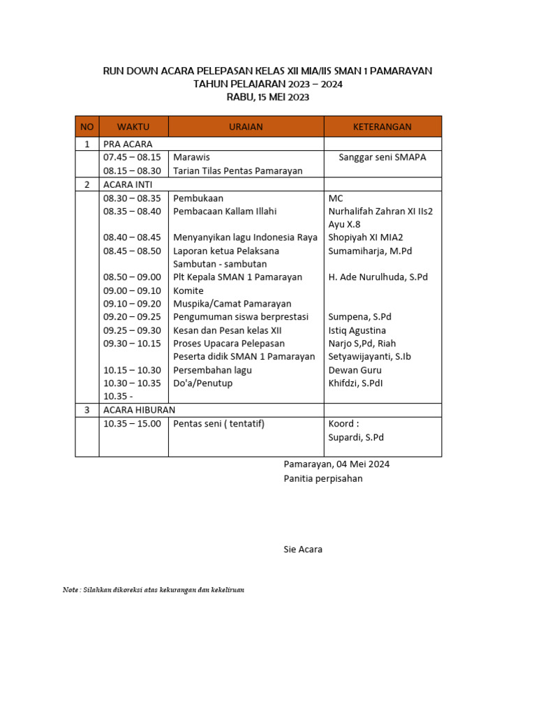 Run Down Acara Pelepasan Kelas Xii 2024 | PDF