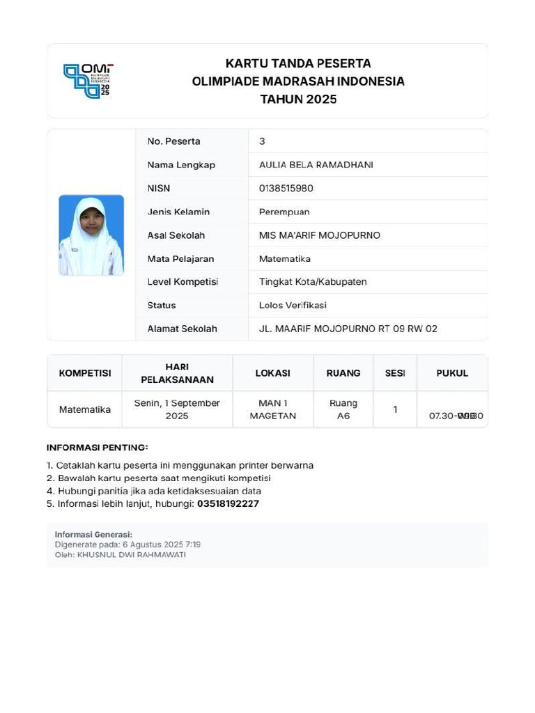 Kartu Peserta Aulia Bela Ramadhani 2025 08 30 | PDF