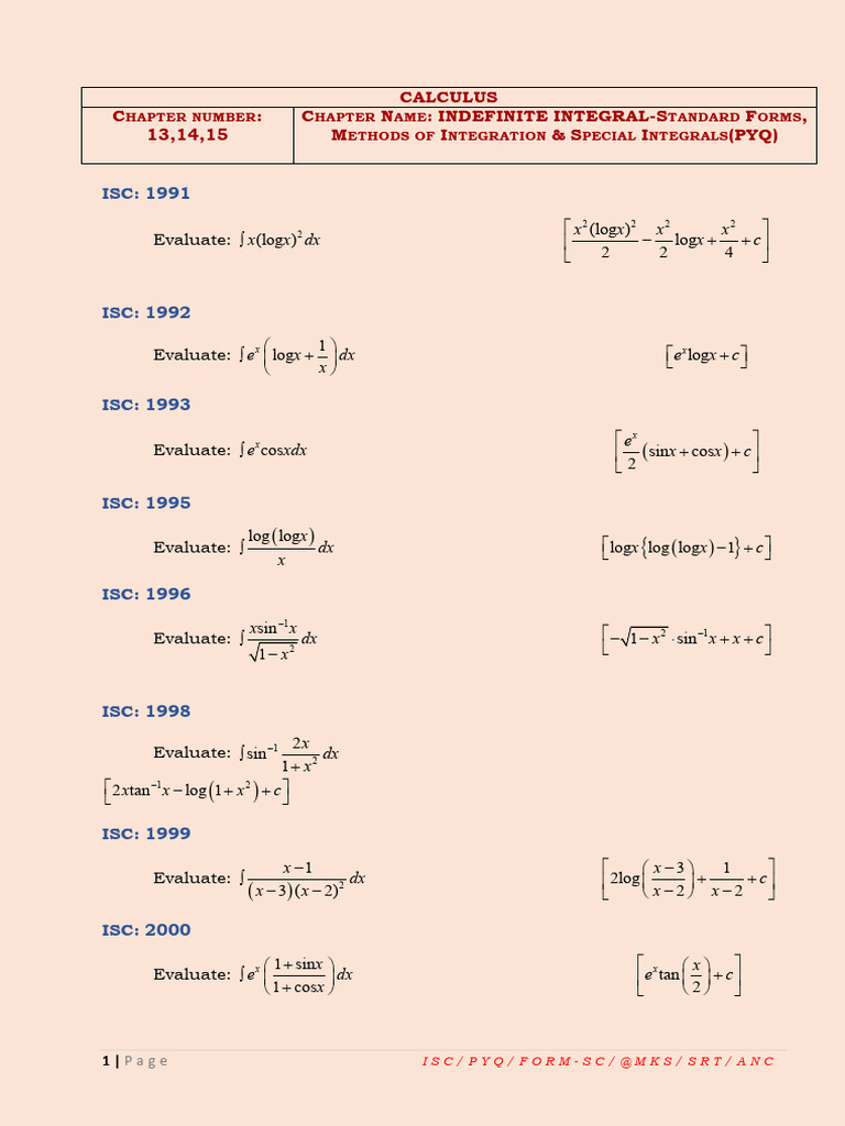Indefinite Integral - Standard Forms - Methods of Integration - SC Isc ...