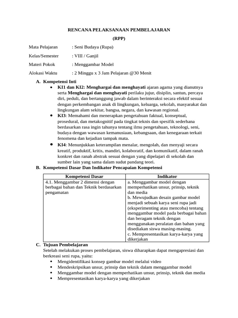 RPP Seni Rupa Menggamabar Model | PDF