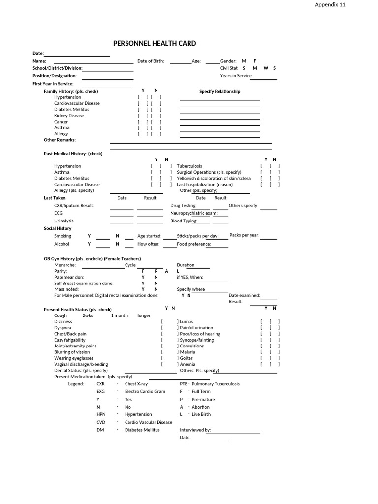 Personnel Health Card Template | PDF | Cardiovascular Diseases ...