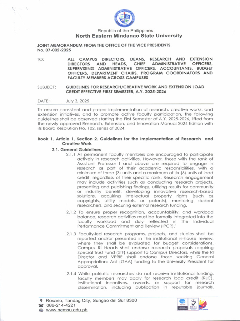 Joint Memorandum No. 07 002 2025 Guidelines For Research Creative Work ...